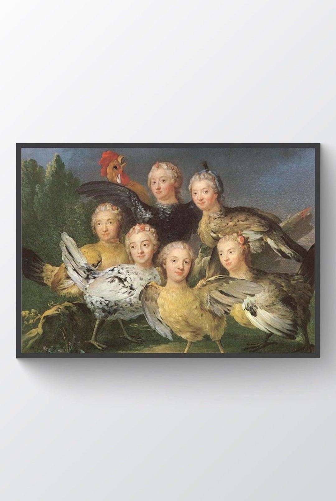 Surreal Chicken Faces Art Print Unique Human Features Poster Mixed ...