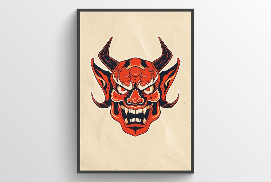 Traditional Japanese Red Demon Mask Poster Menacing Oni Illustration ...