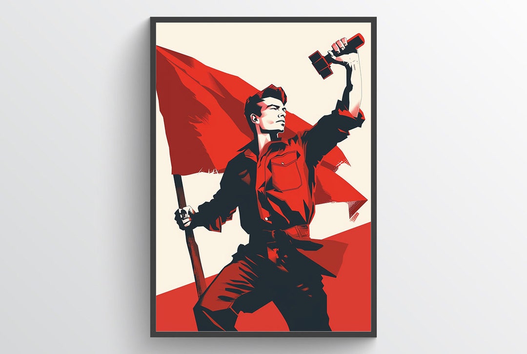 Propaganda-style Art Print Person Holding Red Flag & Hammer Political ...