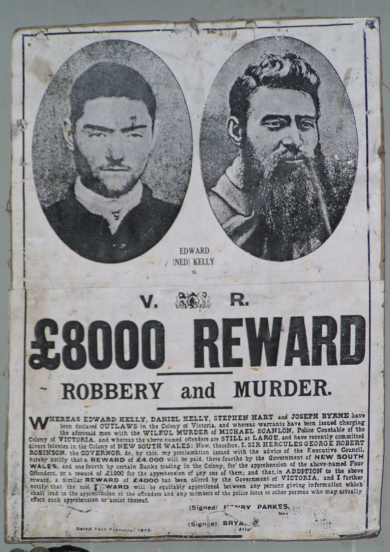 Wanted Poster, Crime Art Print, Kelly Gang, Edward Ned Kelly Reward ...