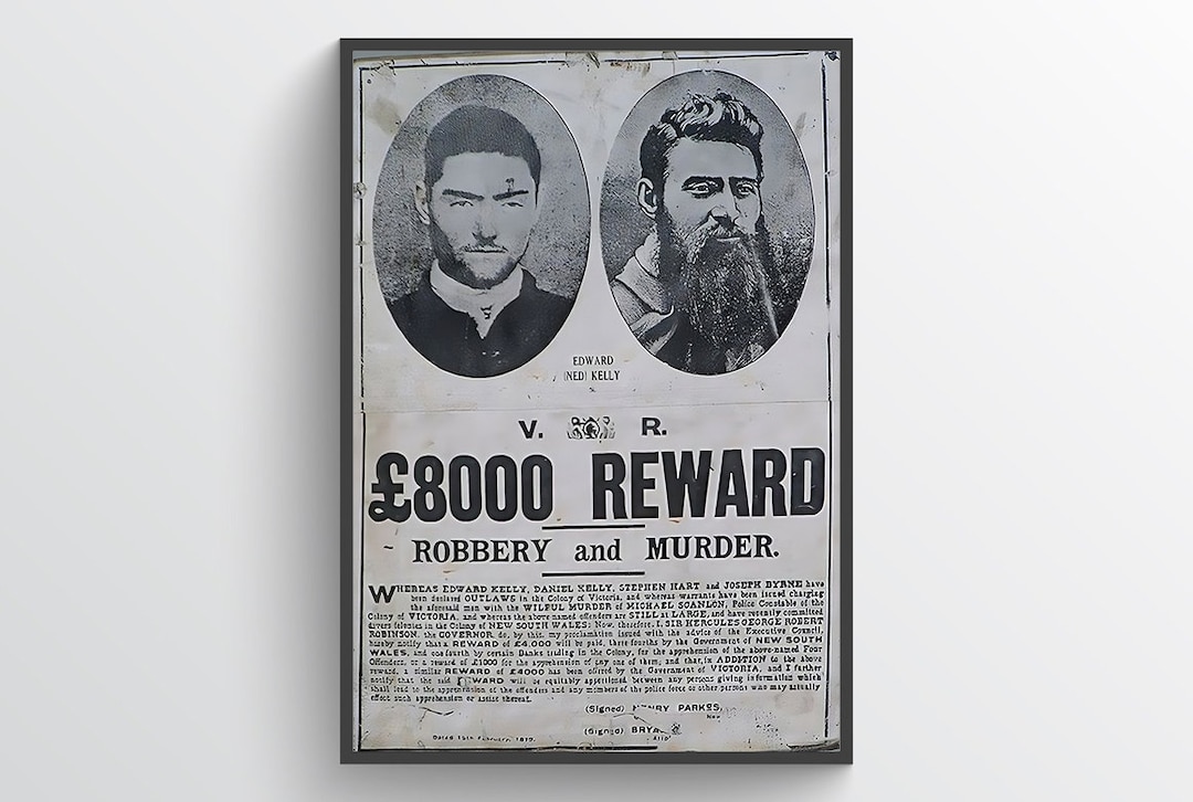 Wanted Poster, Crime Art Print, Kelly Gang, Edward Ned Kelly Reward, Australian Bushranger ...