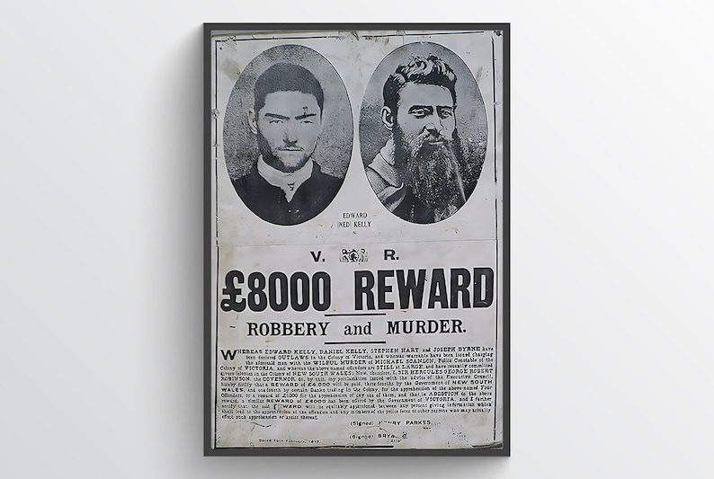 Wanted Poster, Crime Art Print, Kelly Gang, Edward Ned Kelly Reward ...