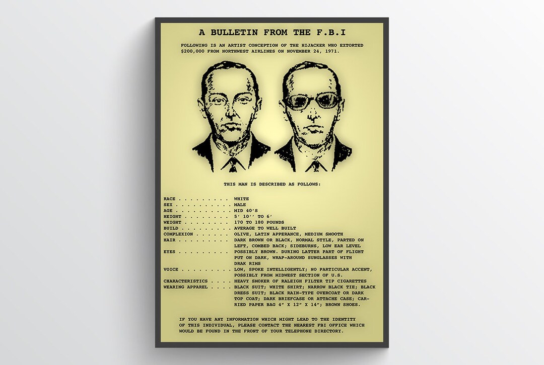 Criminal History Poster, Print. D.B. Cooper FBI Wanted Poster, 1971 ...