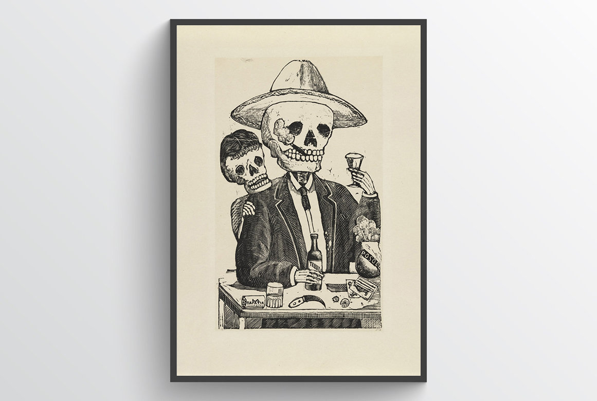 Alcoholic Calavera Art by Jose-guadalupe Posada, Drinking and Smoking ...