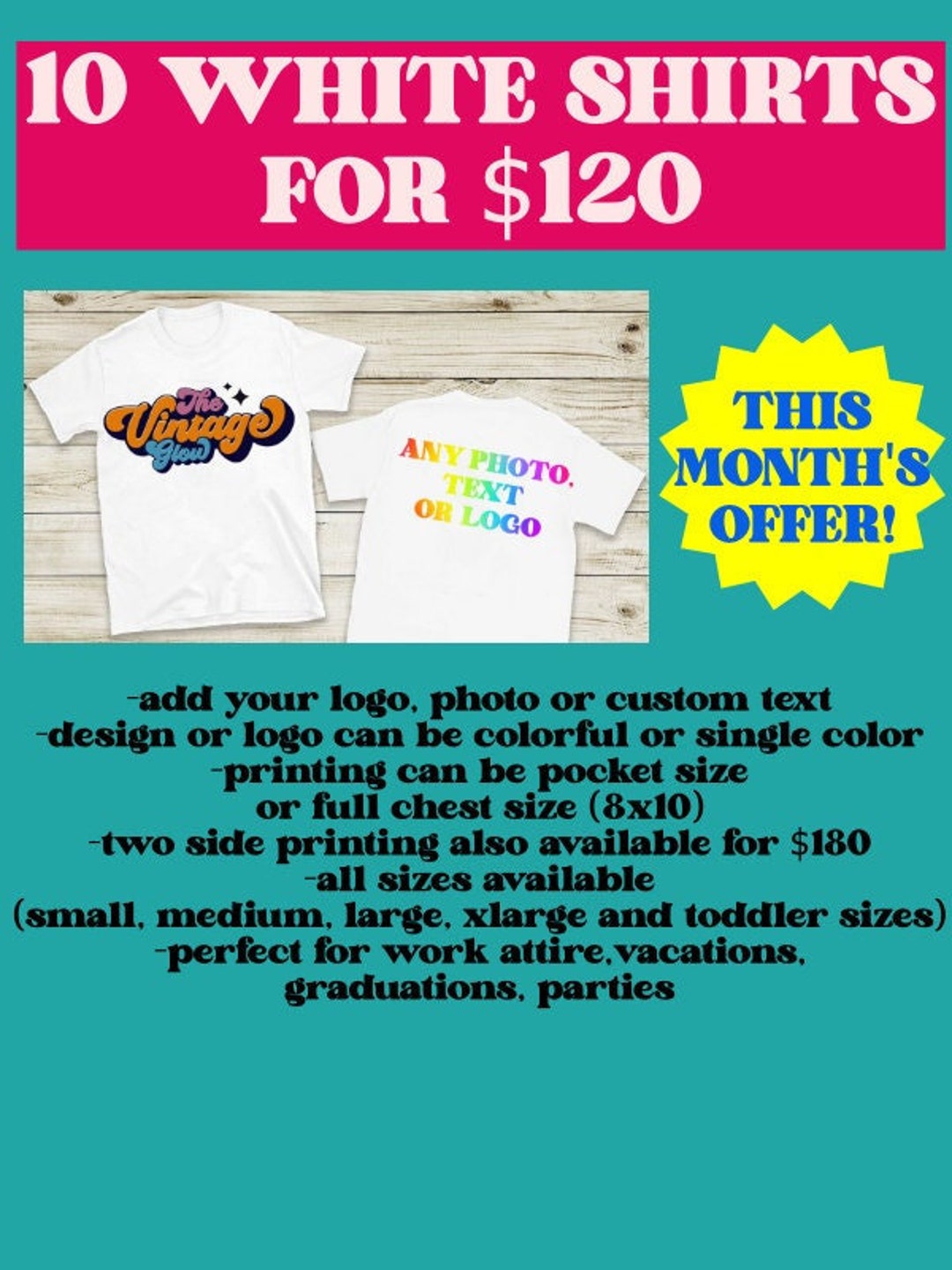 Personalized 10 White Bulk Shirts,make Your Own Shirt,bulk Customizable ...