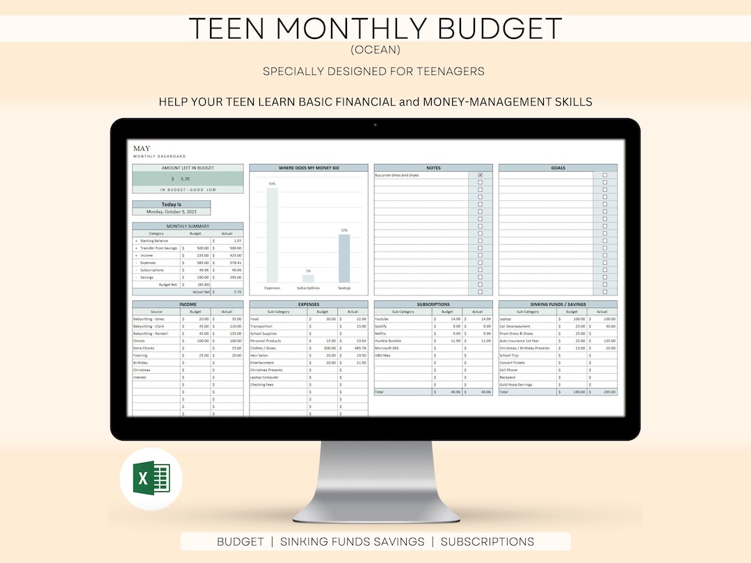 Teen Budget Spreadsheet, Teen Budget Planner, Teenager Financial ...