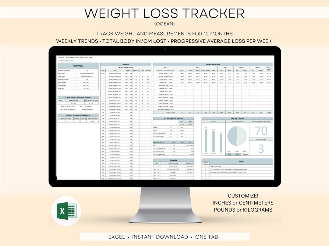 Weight Loss Tracker, Body Measurement Log, Weigh-in Chart, Weight Loss ...