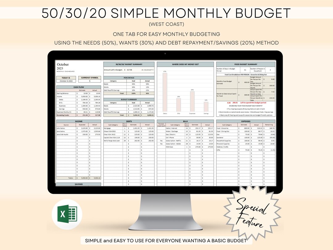 Monthly Budget Planner, 50/30/20 Budget Spreadsheet, Simple Budget ...