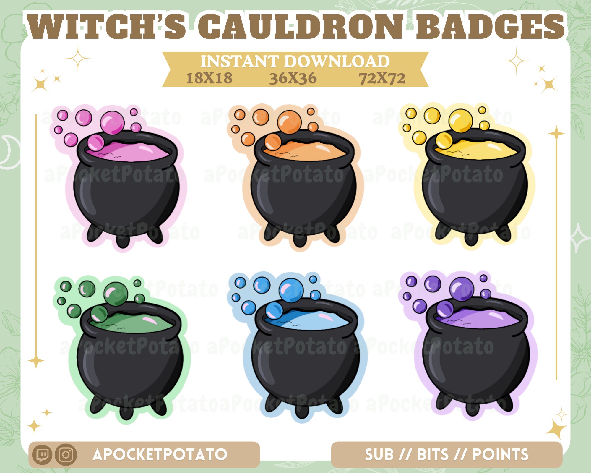 Cute Witch Cauldron Twitch Sub Badge or Bit Badge - Subscriber Badge ...