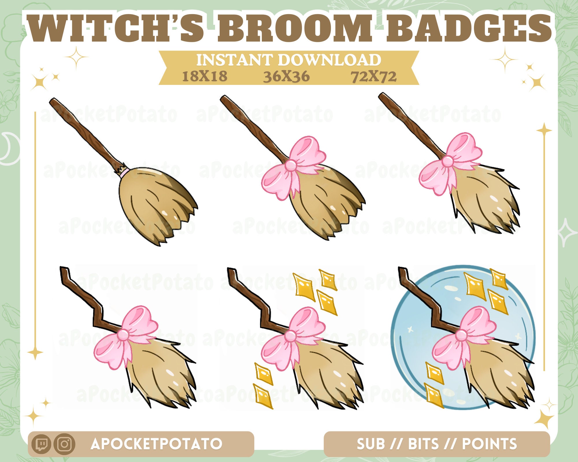 Witch's Broom Sub/bit Badge Pink Bow - Twitch Sub Badge - Kawaii ...