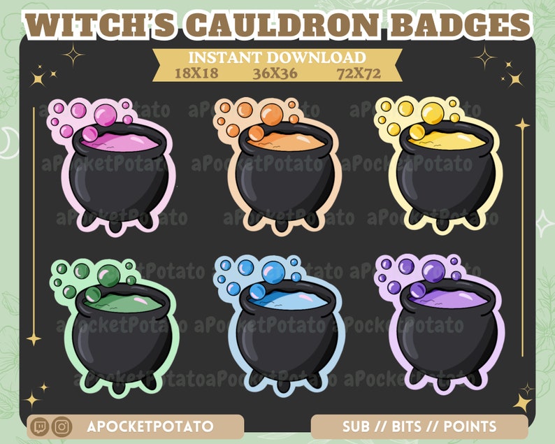 Cute Witch Cauldron Twitch Sub Badge or Bit Badge - Subscriber Badge ...