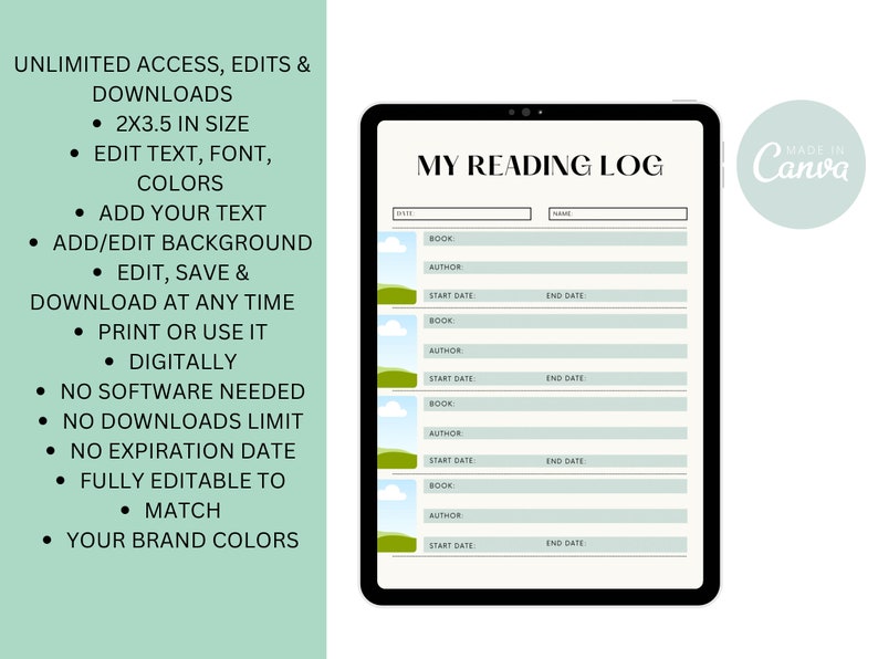 Reading Log, Reading Journal, Canva Template for Reading - Etsy