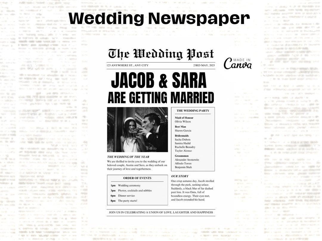 Wedding Newspaper, Wedding Announcement, Newspaper Canva Template - Etsy