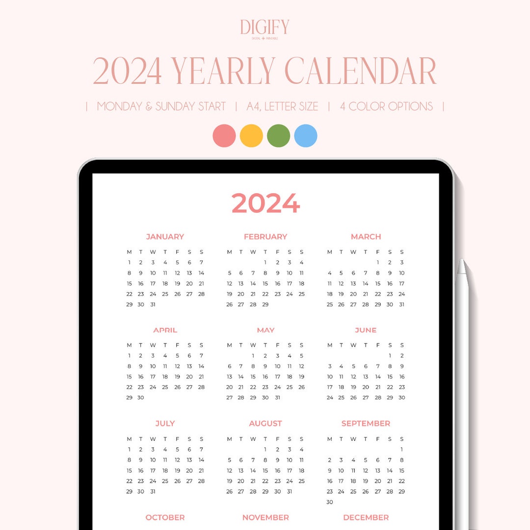 2024 Yearly Calendar Printable, Portrait Planner, Digital Template for ...