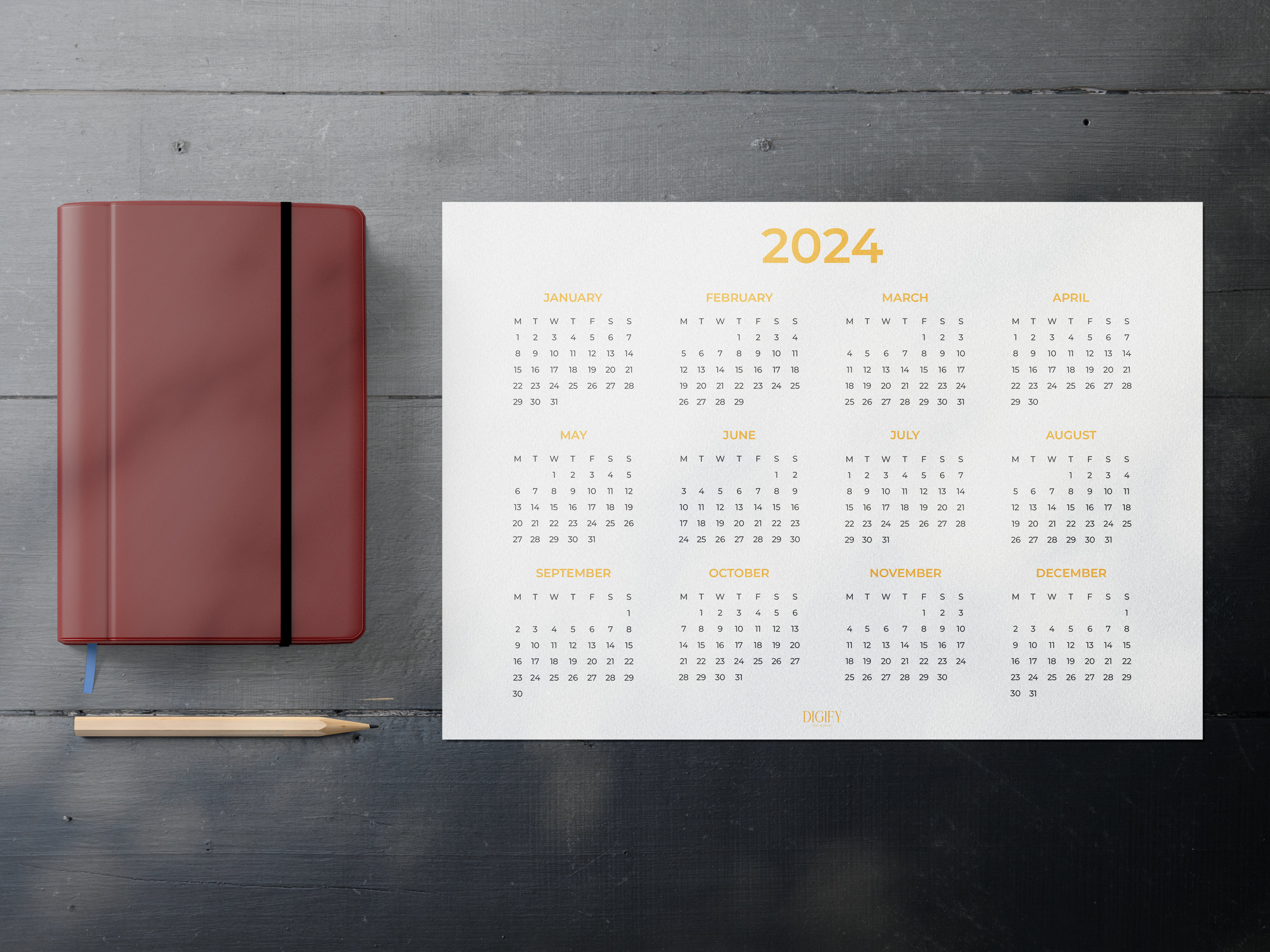 2024 Yearly Calendar Printable, Horizontal Planner, Digital Template ...