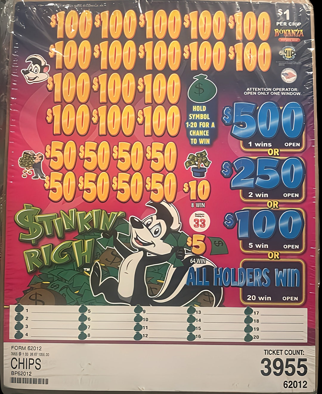 Stinkin Rich Chip Ticket Pull Tab Ticket Ticket for Amusement Purpose ...