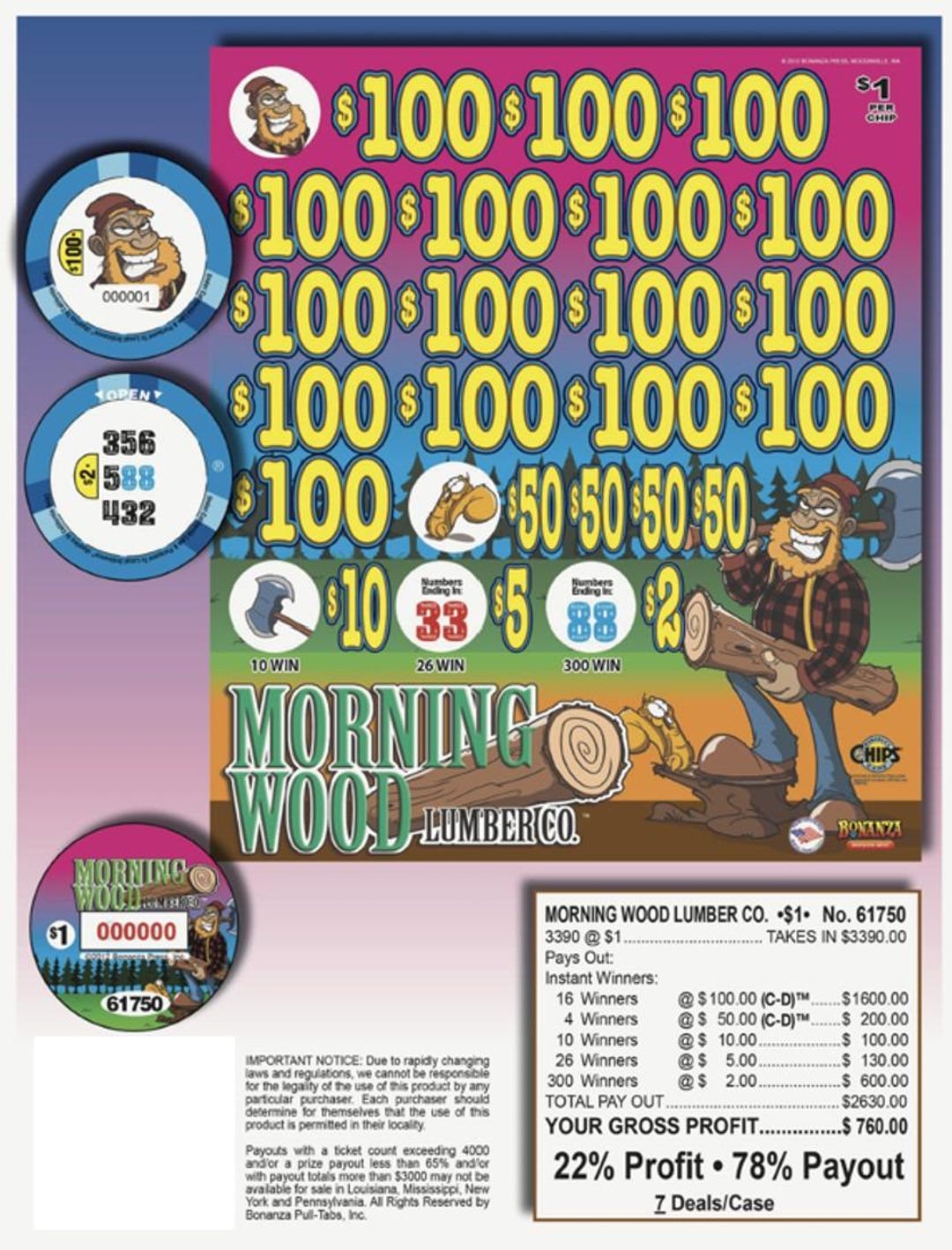 Pull Tab Tickets - Chips - Game - Morning Wood 100 - 3,390 Ct - Etsy