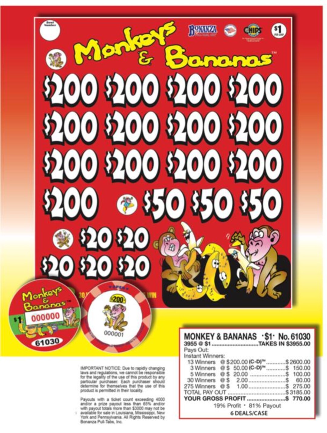 Pull Tab Tickets - Chips - Game - Holder - Monkeys and Bananas - 3,955 ...