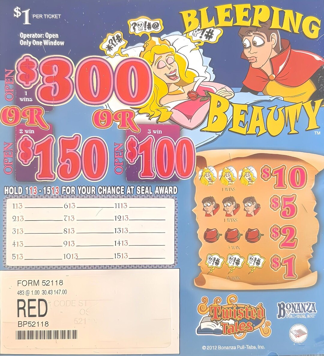 Pull Tab Ticket - Hard Card Tickets - Game - Holder - Bleeping Beauty ...