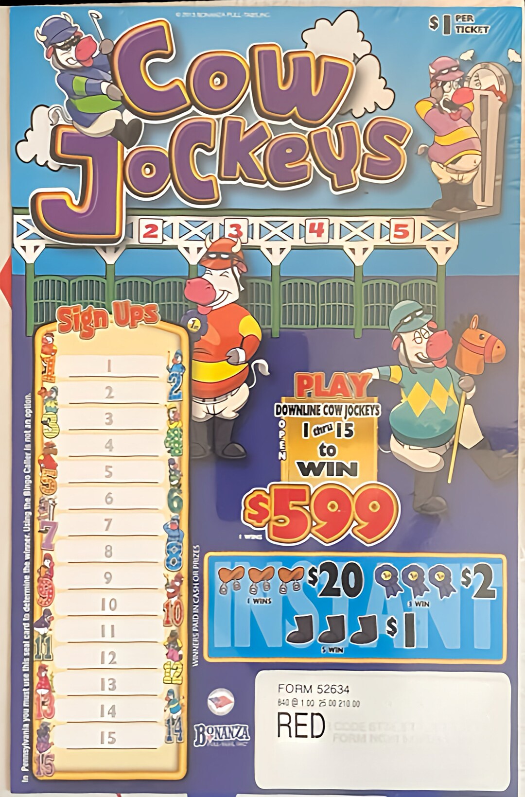 3 Pack Cow Jockey Pull Tab Ticket Hard Card Ticket for Amusement ...