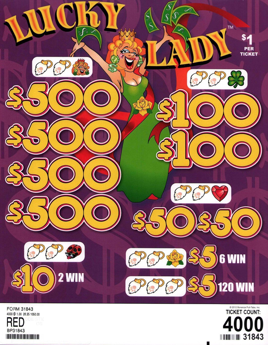 Lucky Lady - Hard Card - 3 Window - Ticket - Pull Tab Ticket - Ticket ...