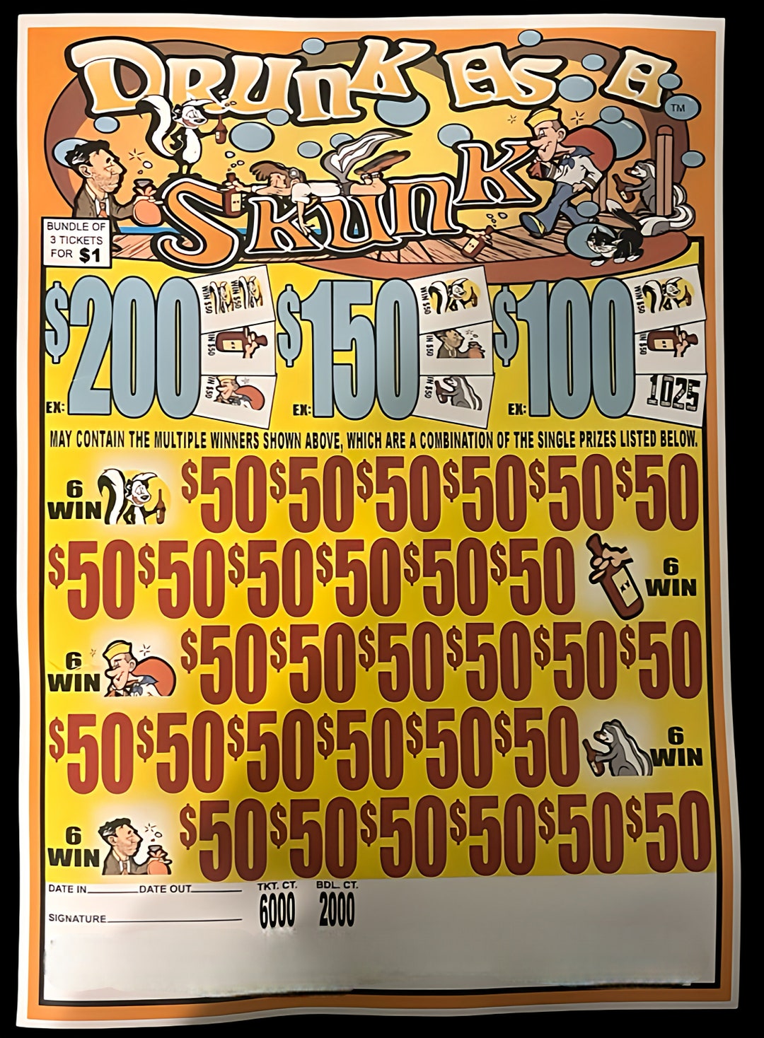 Drunk as a Skunk - Jar Ticket - Pull Tab Ticket - Ticket for Amusement ...