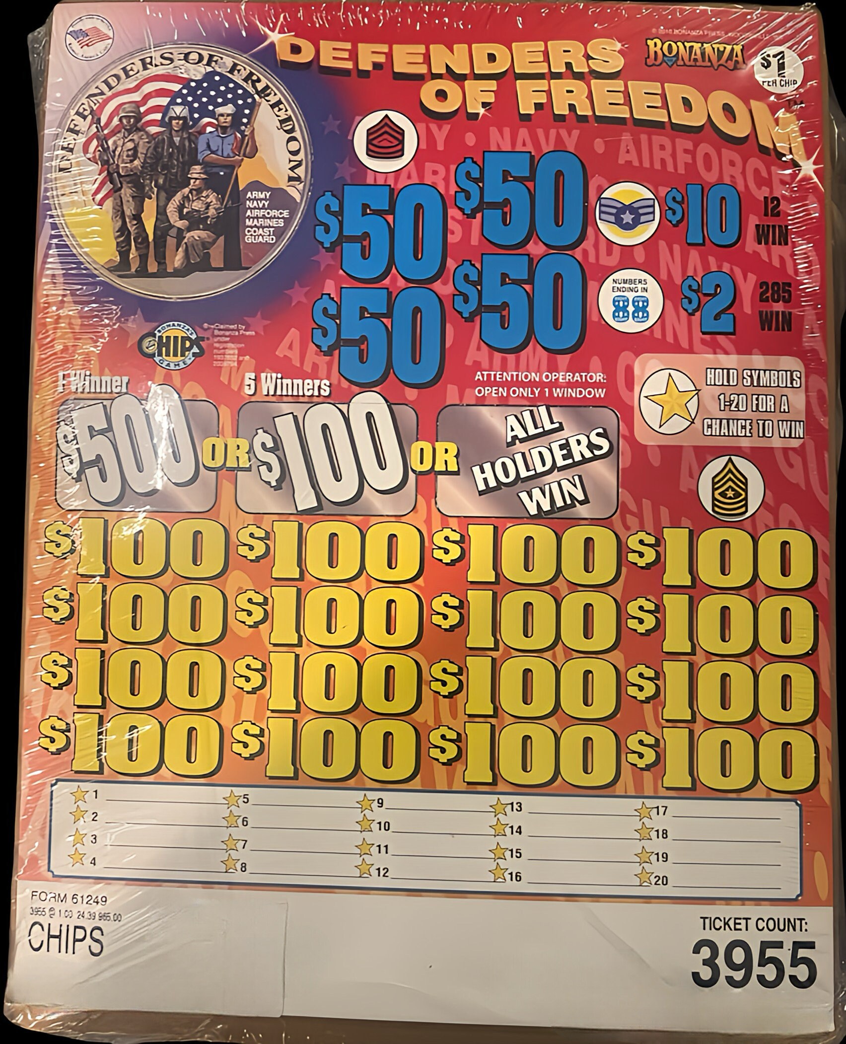 Defenders of Freedom Chip Ticket Pull Tab Ticket Ticket for Amusement ...