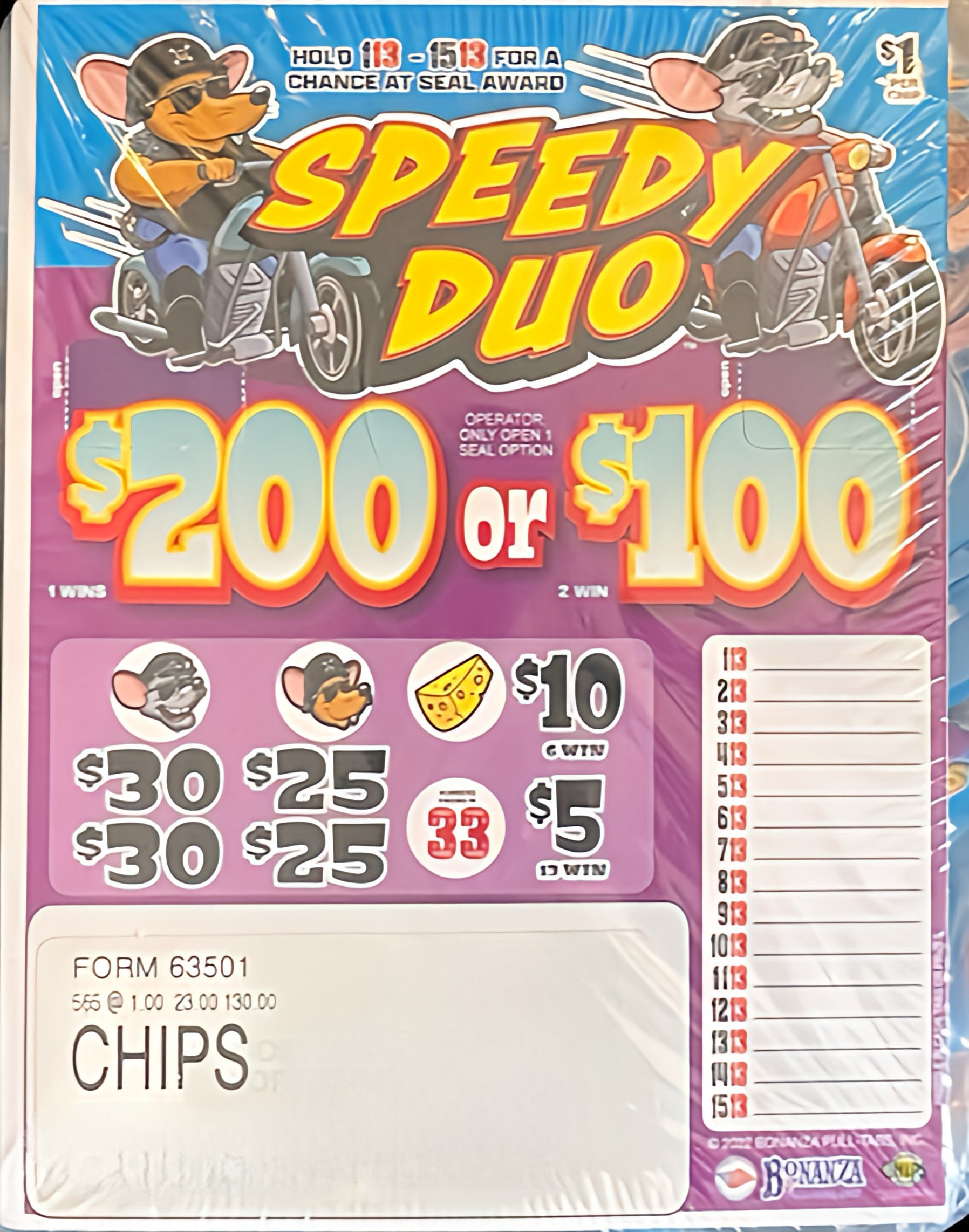 3 Pack Speedy Duo Chip Ticket Pull Tab Ticket Ticket for Amusement ...