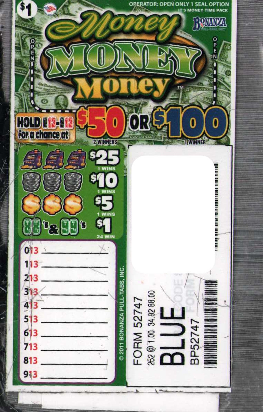3 Pack - Money Money Money - Pull Tab Ticket - Hard Card - Ticket for ...