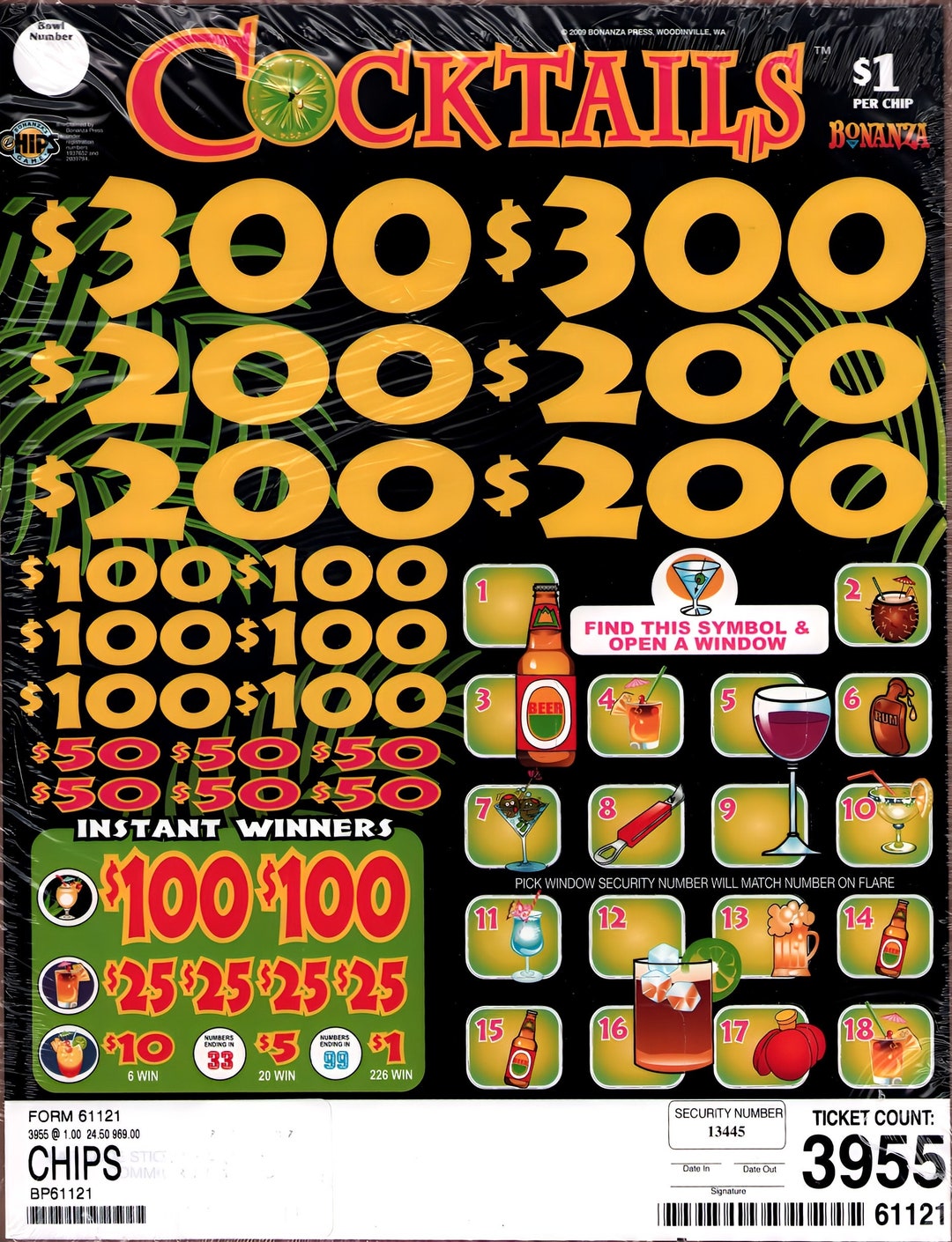 Cocktails Chip Ticket Pull Tab Ticket Ticket for Amusement Purposes ...