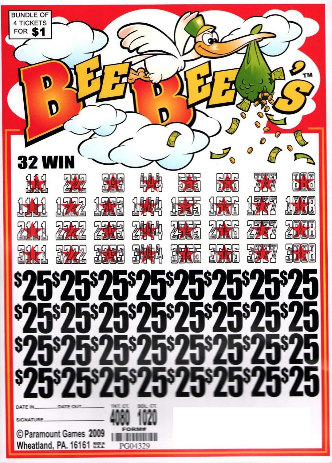 Pull Tab Tickets - Jar - Game - Bee Bee's 25 - 1,020 Ct - Etsy