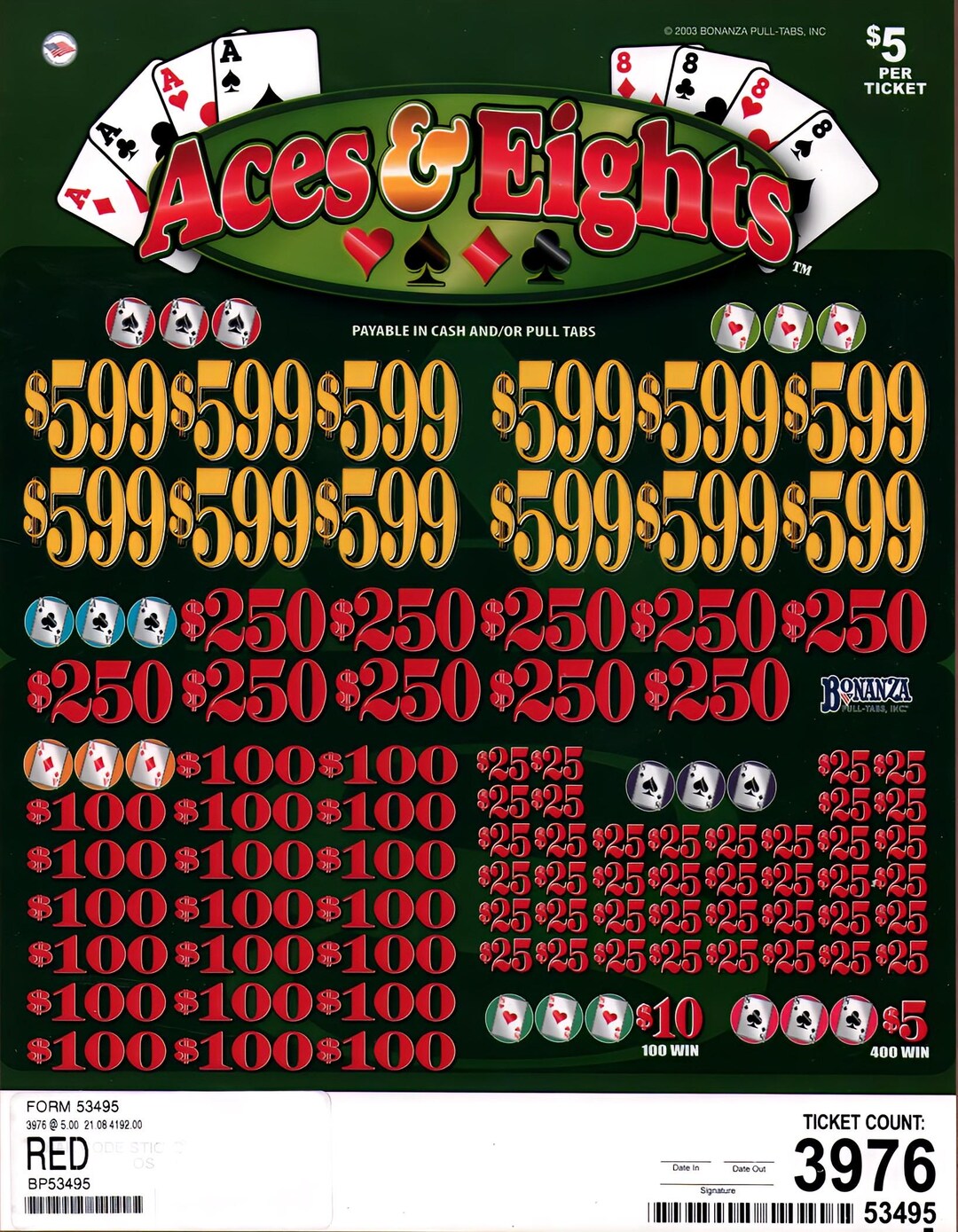 Aces & Eights 5 Dollar Ticket - Pull Tab Ticket - Five Window - Tickets ...