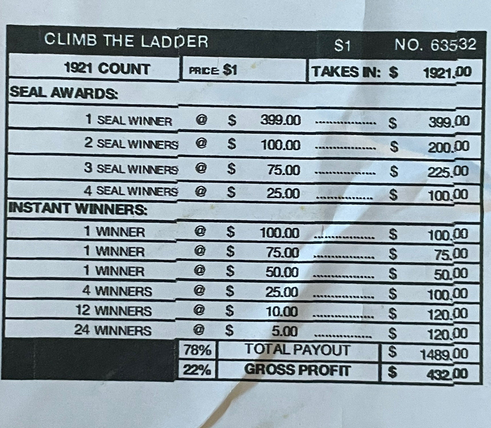 Climb the Ladder - Chip Ticket - Pull Tab Ticket - Ticket for Amusement ...