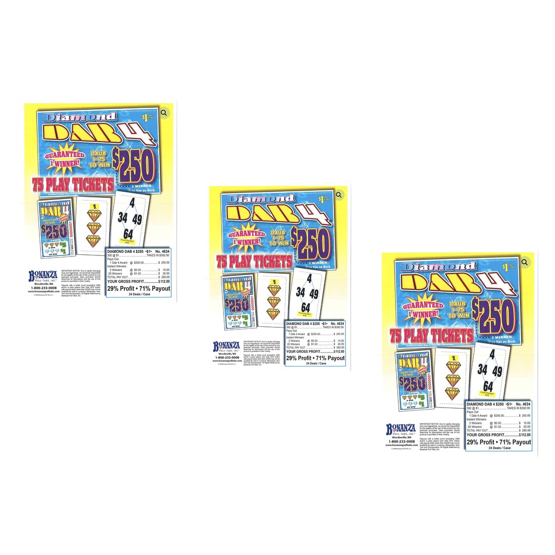 3 Pack - Diamond Dab 4 - Pull Tab Ticket - Hard Card - Ticket for ...