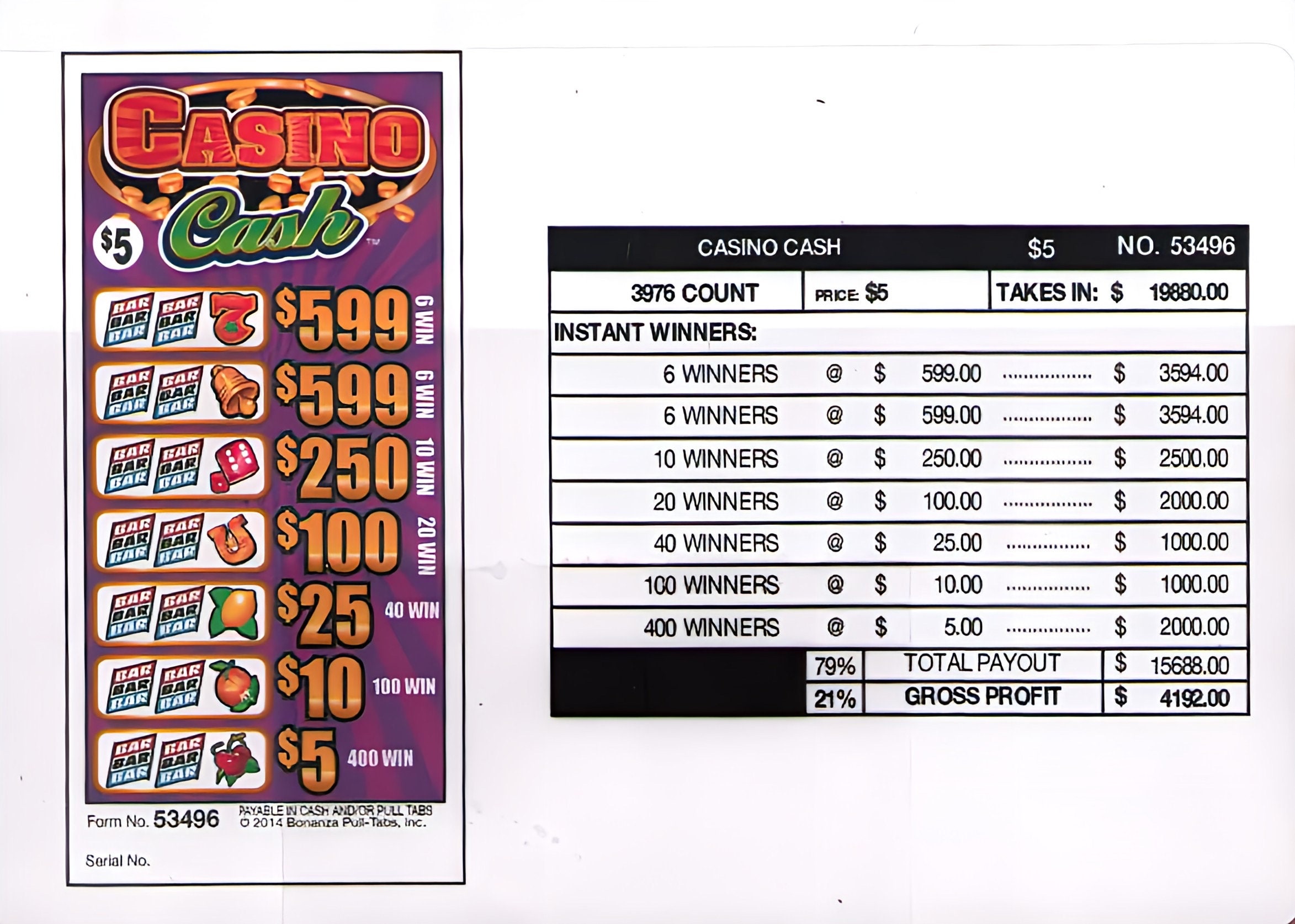 Casino Cash 5 Dollar Ticket Pull Tab Ticket Five Window Tickets for ...