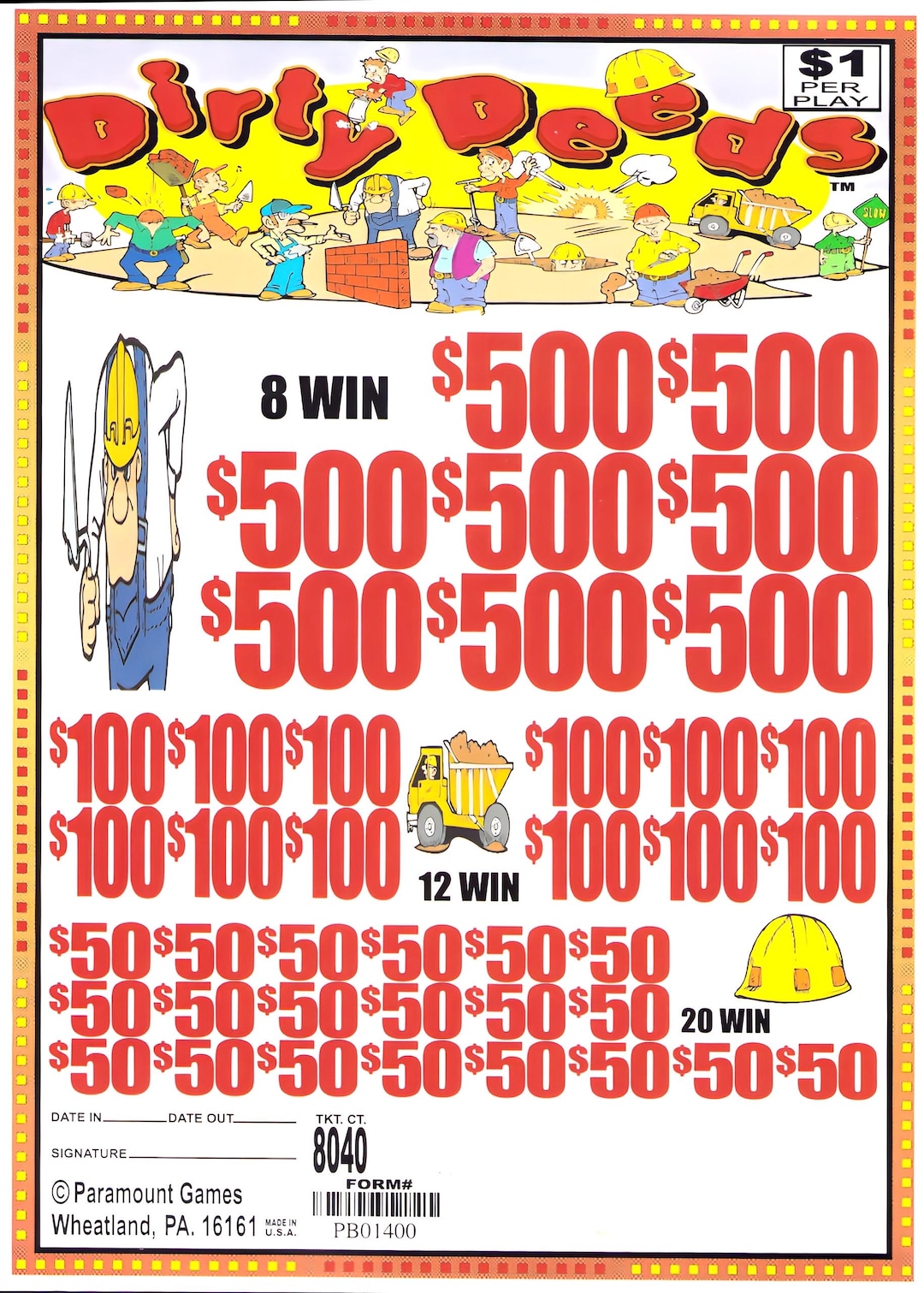 Dirty Deeds - Jar Ticket - Pull Tab Ticket - Ticket for Amusement ...