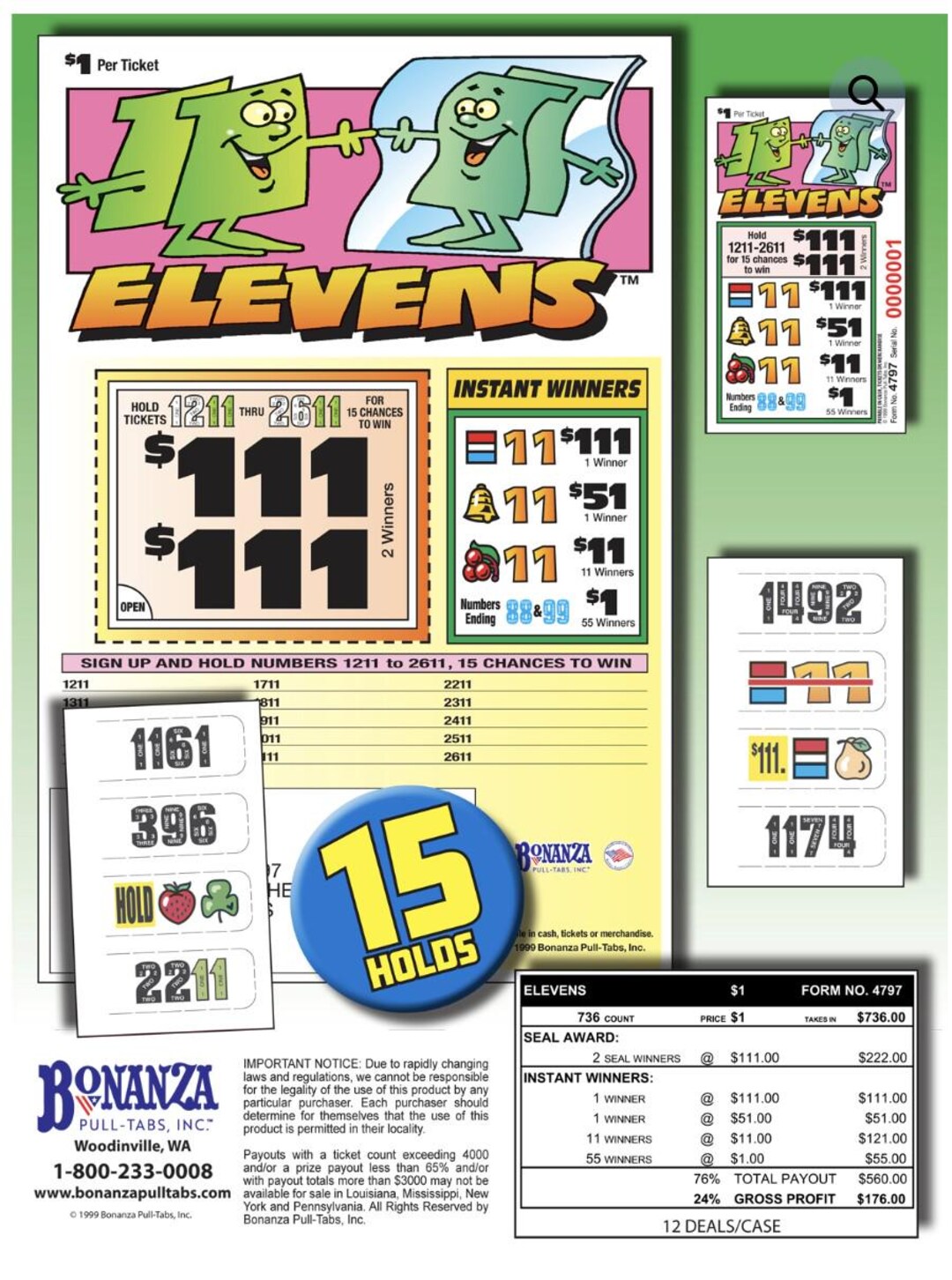 Elevens - Pull Tab Ticket - Hard Card- Ticket for Amusement Purposes ...