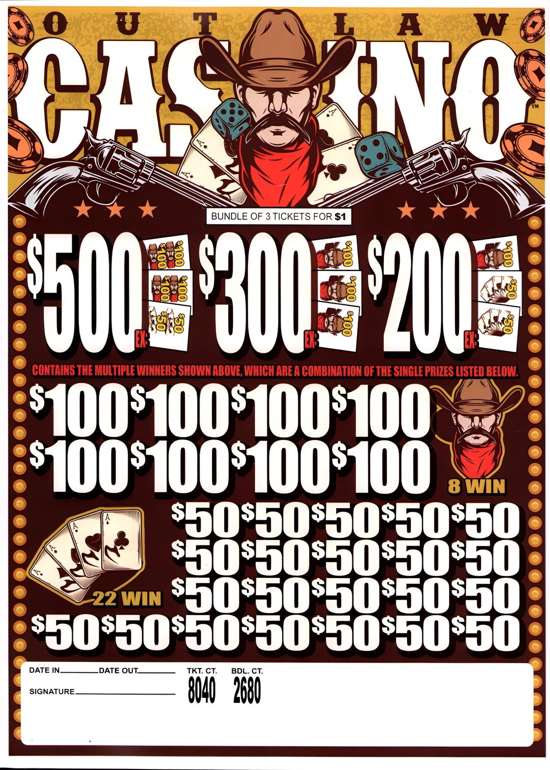 Outlaw Casino - Jar Ticket - Pull Tab Ticket - Ticket for Amusement ...
