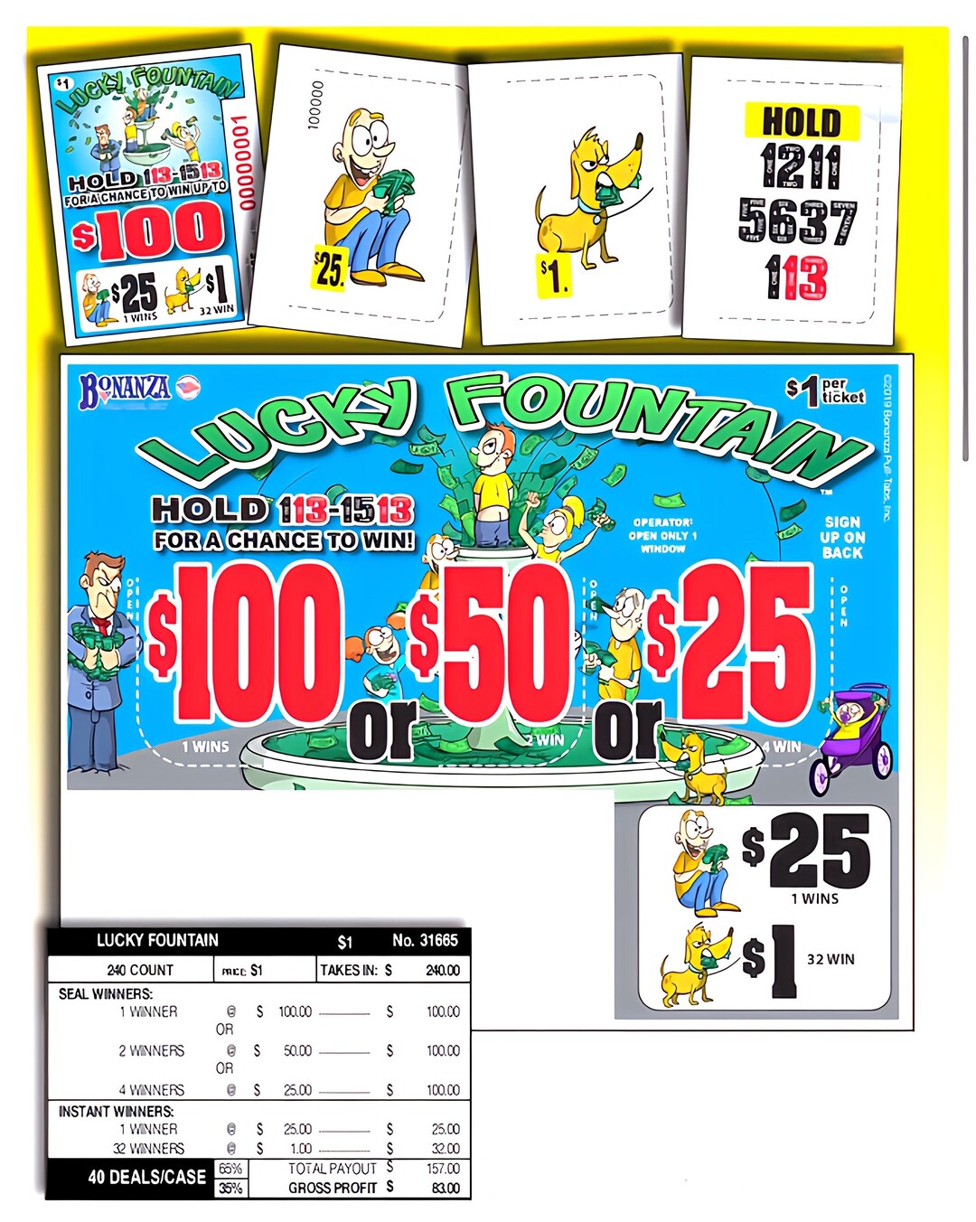 5 Pack - Lucky Fountain - Pull Tab Ticket - Hard Card - Ticket for ...