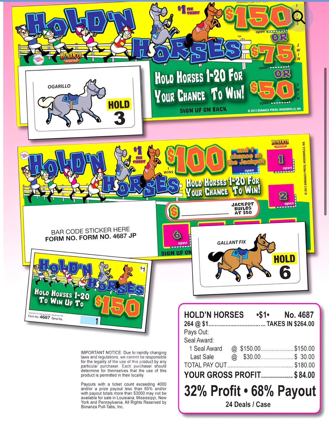 Pull Tab Tickets - Hard Card - Game - Hold'n Horses - 264 Ct - Etsy
