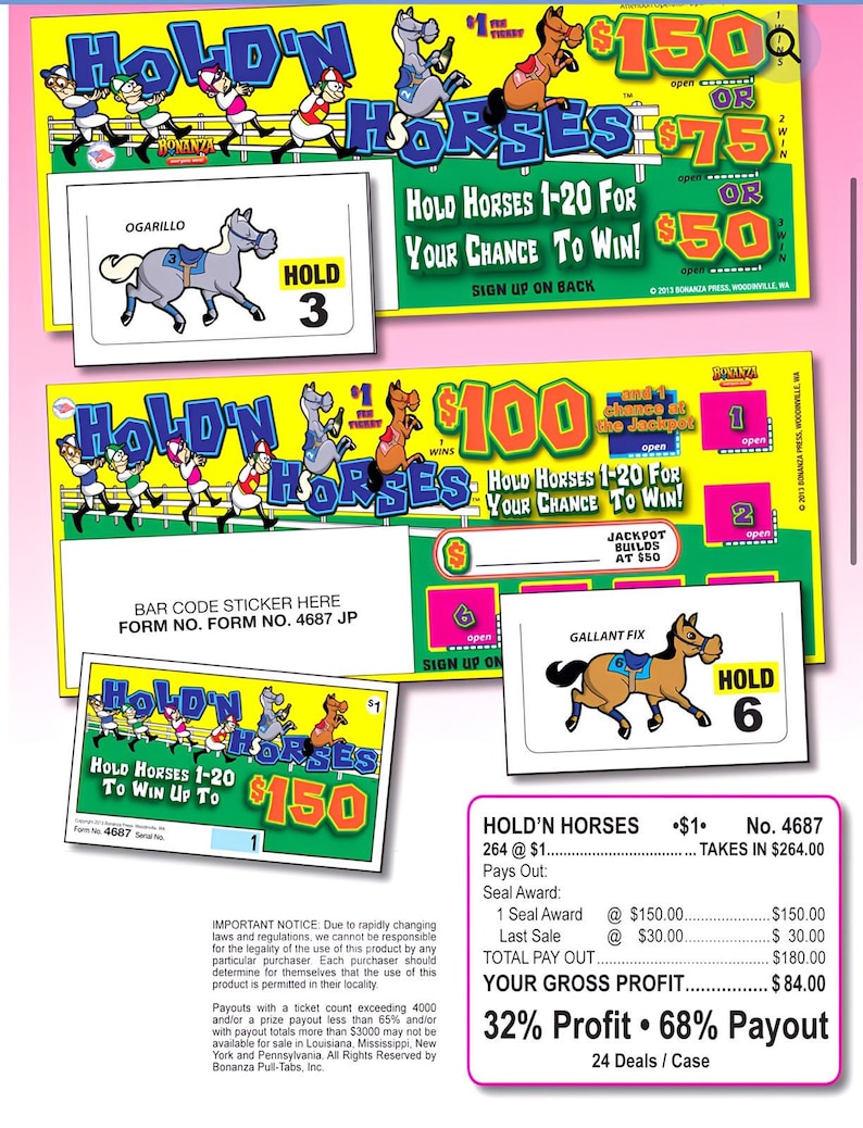 Pull Tab Tickets - Hard Card - Game - Hold'n Horses - 264 Ct - Etsy