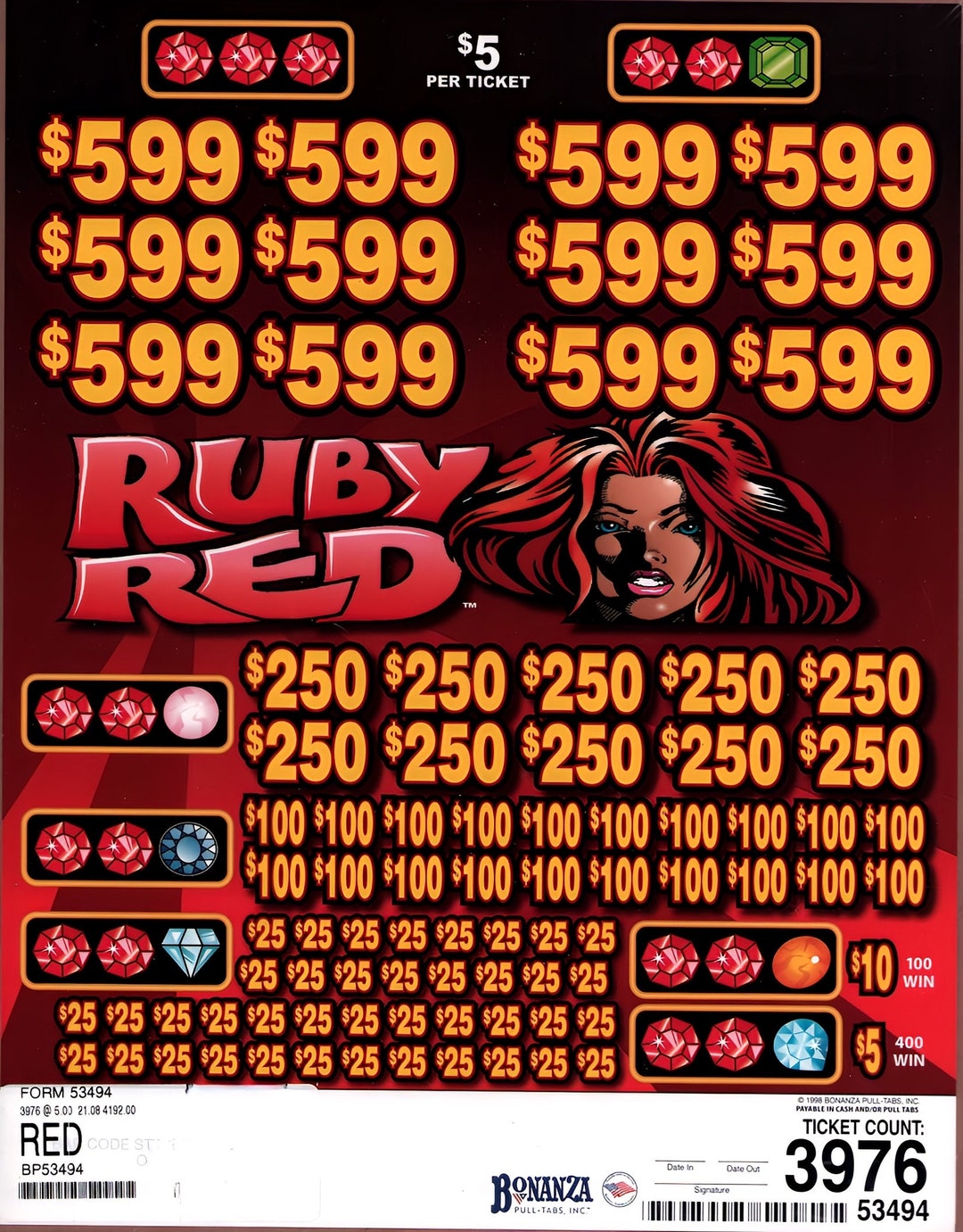 Ruby Red 5 Dollar Ticket - Pull Tab Ticket - Five Window - Tickets for ...