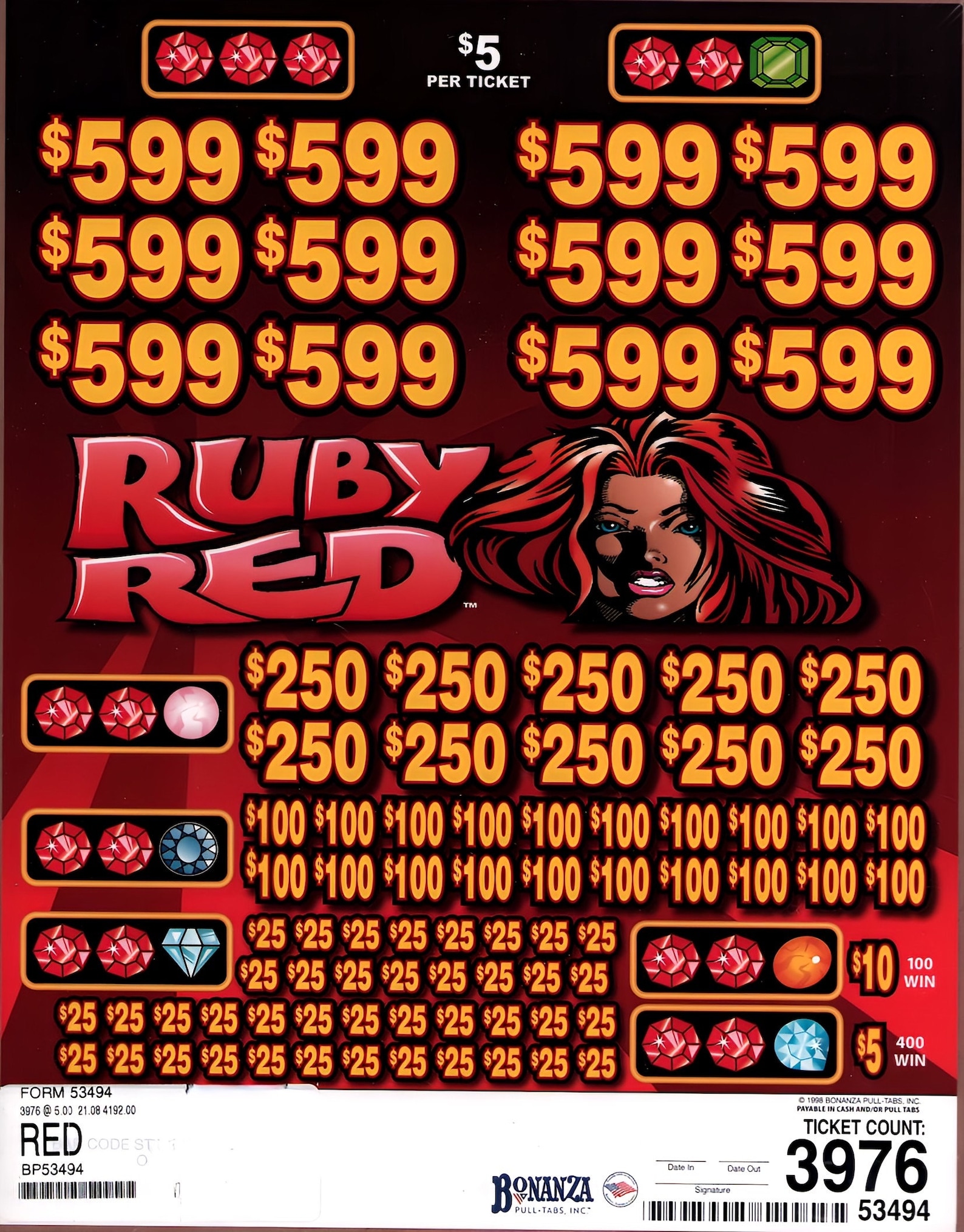 Ruby Red 5 Dollar Ticket Pull Tab Ticket Five Window Tickets for ...