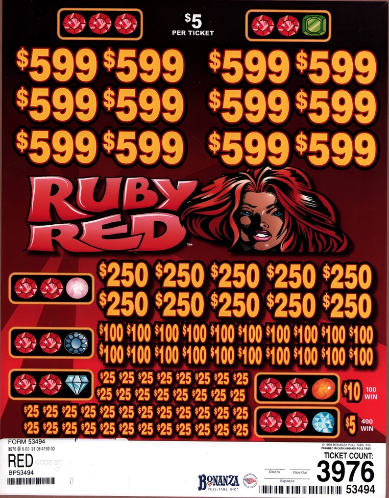 Ruby Red 5 Dollar Ticket - Pull Tab Ticket - Five Window - Tickets for Amusement Purposes Only ...