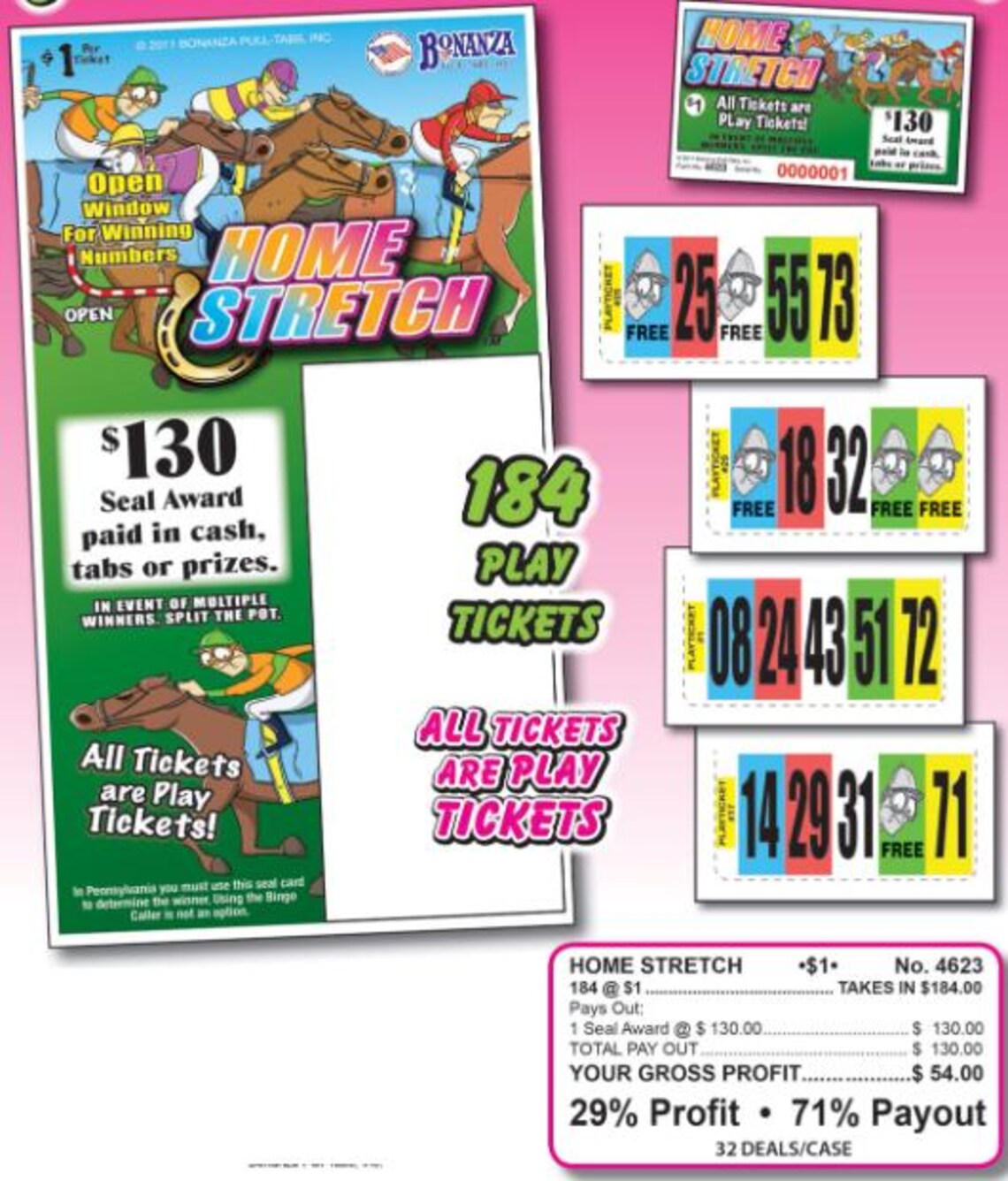 Pull Tab Tickets - Hard Card - Game - 6 Pack - Home Stretch - 184 Ct Ea ...