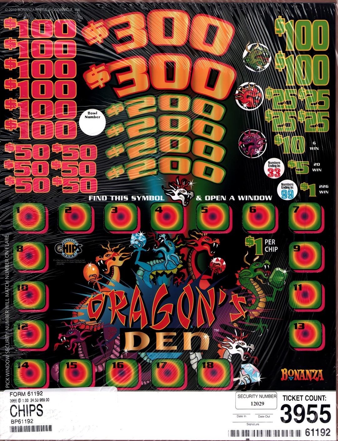 Dragon Den Chip Ticket Pull Tab Ticket Ticket for Amusement Purposes ...