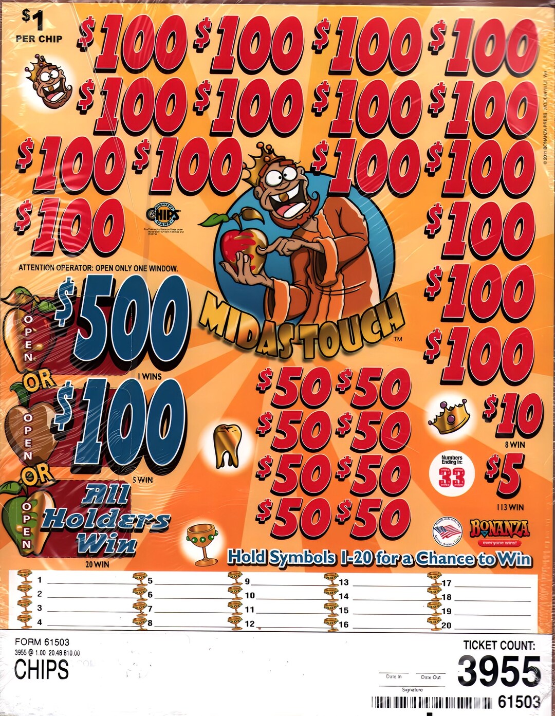 Midas Touch - Chip Ticket - Pull Tab Ticket - Ticket for Amusement ...