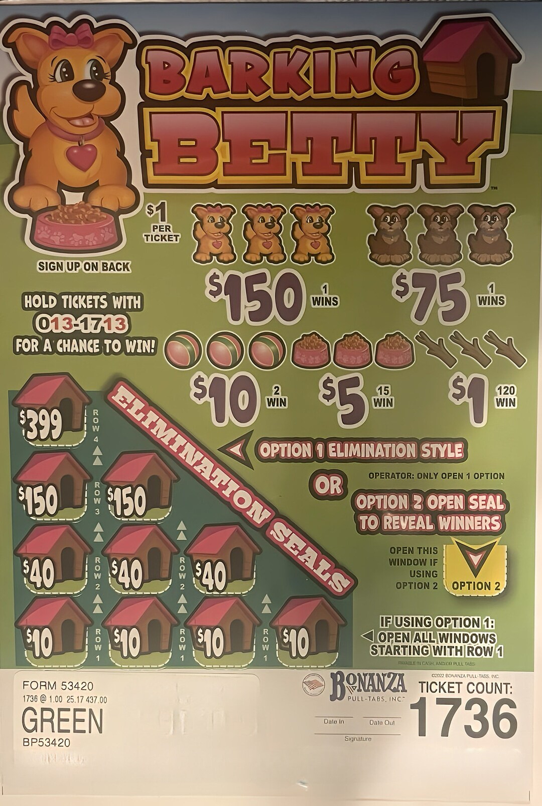 Barking Beatty Pull Tab Ticket Hard Card Ticket for Amusement Purposes ...
