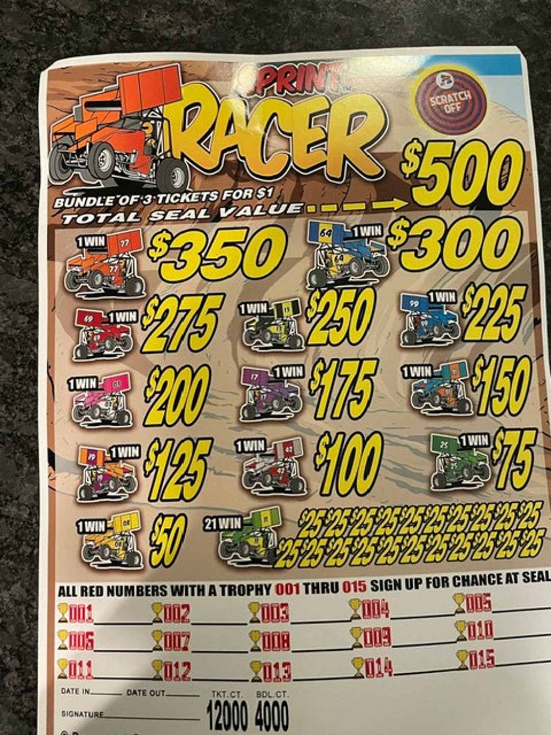 Sprint Racer - Jar Ticket - Pull Tab Ticket - Ticket for Amusement ...