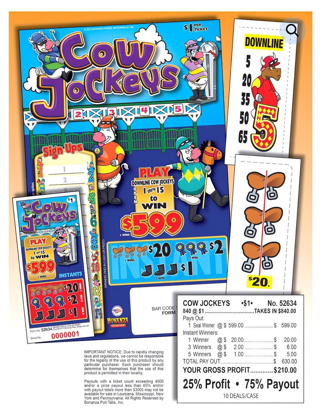 Pull Tab Tickets - Hard Card - Game - Holder - Cow Jockeys - 840 Ct - Etsy
